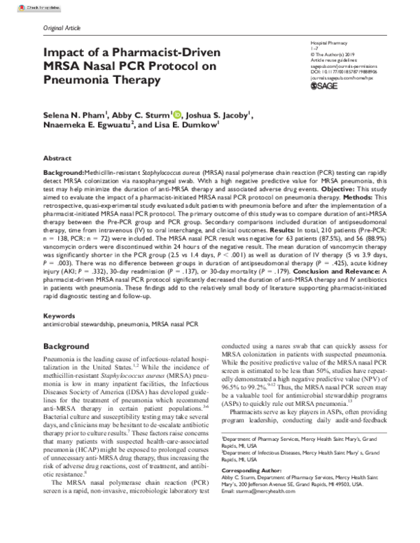 (PDF) Impact of a Pharmacist-Driven MRSA Nasal PCR Protocol on Pneumonia Therapy