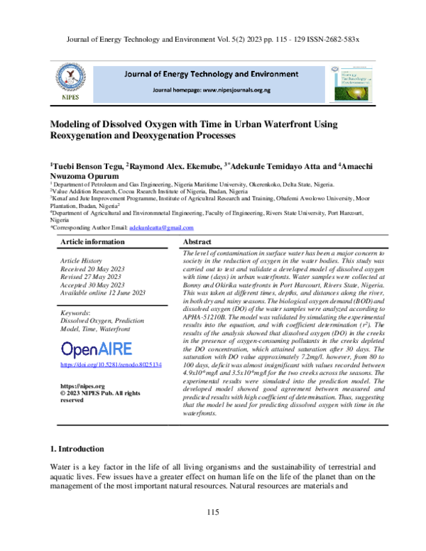 (PDF) Modeling of Dissolved Oxygen with Time in Urban Waterfront Using ...