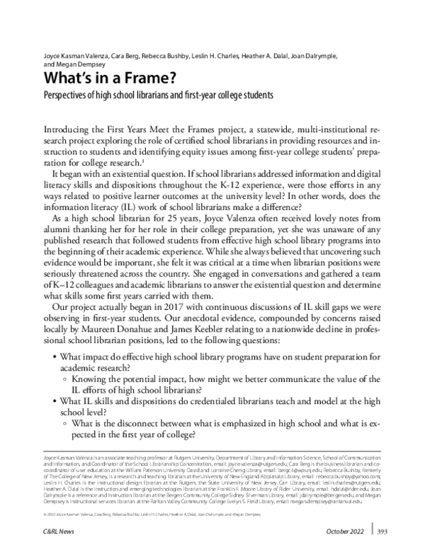 (PDF) What’s in a Frame? Perspectives of high school librarians and ...