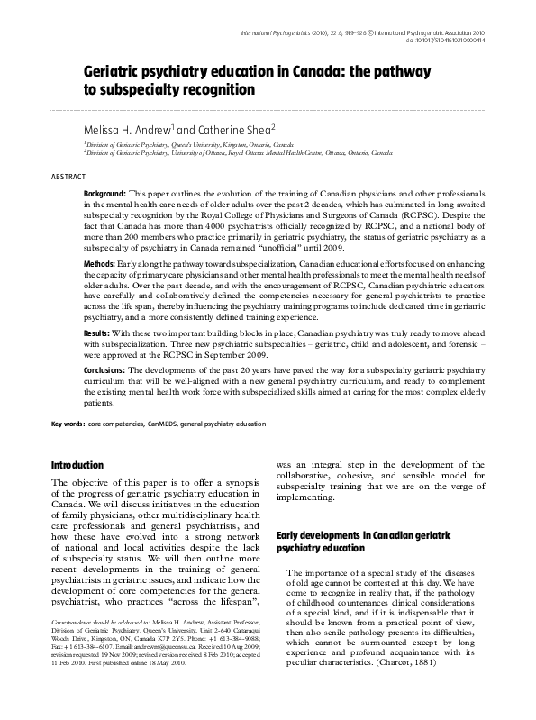 (PDF) Geriatric psychiatry education in Canada: the pathway to ...