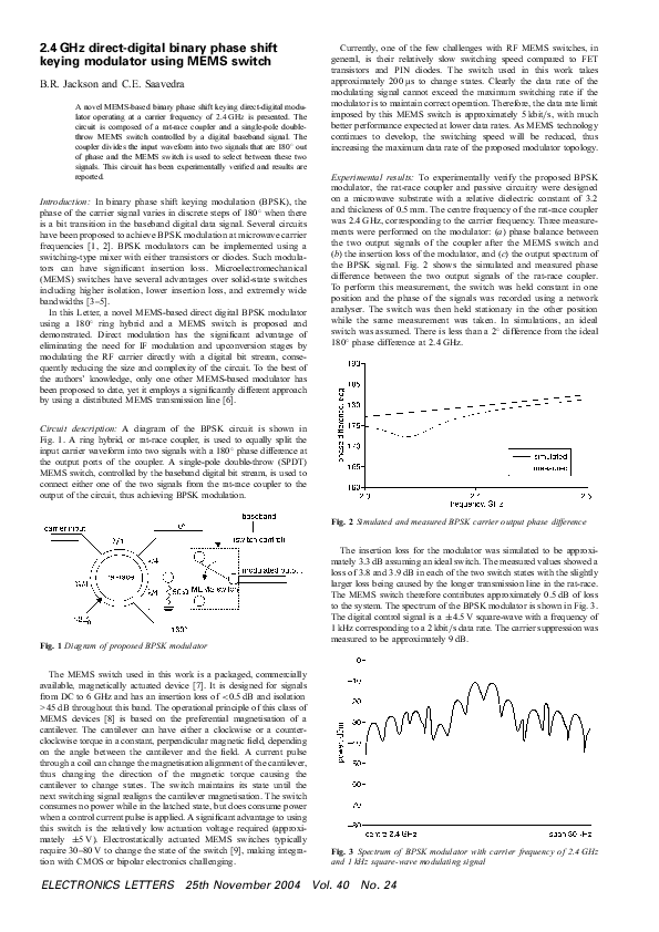 (PDF) 2.4 GHz direct-digital binary phase shift keying modulator using MEMS switch