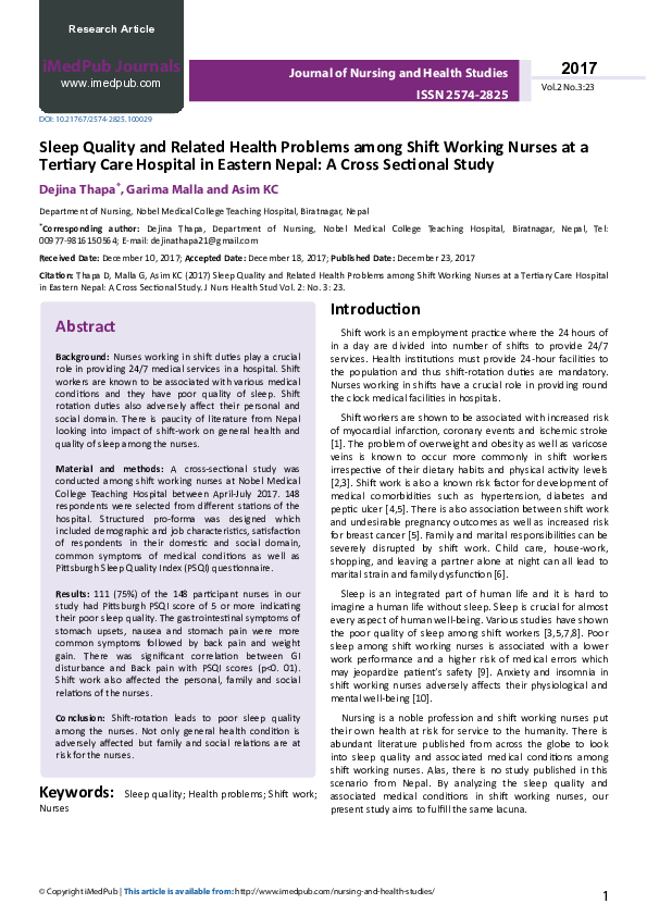(PDF) Sleep Quality and Related Health Problems among Shift Working Nurses at a Tertiary Care ...