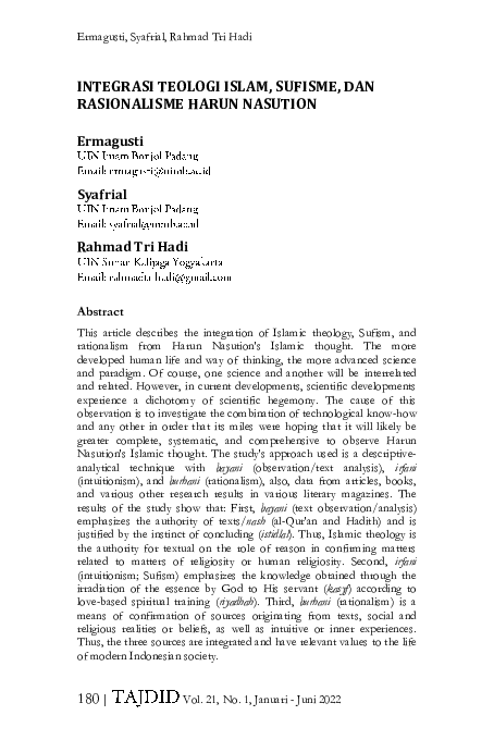 (PDF) Integrasi Teologi Islam, Sufisme, Dan Rasionalisme Harun Nasution