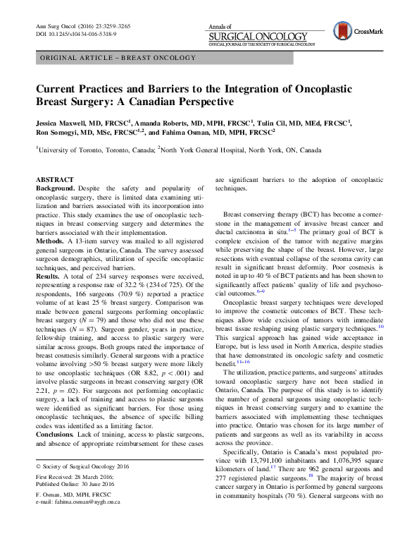 (PDF) Current Practices and Barriers to the Integration of Oncoplastic Breast Surgery: A ...