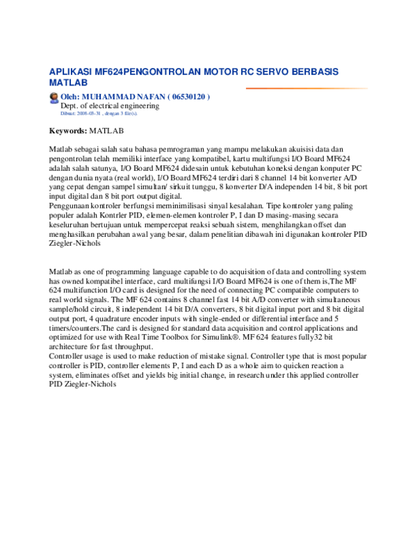 (PDF) Aplikasi MF624 Pengontrolan Motor RC Servo Berbasis Matlab