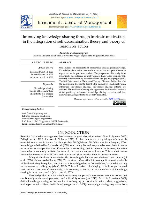 (PDF) Improving knowledge sharing through intrinsic motivation in the integration of self ...