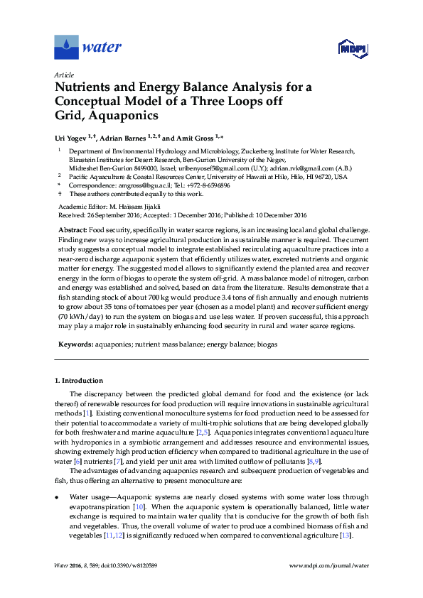 (PDF) Nutrients and Energy Balance Analysis for a Conceptual Model of a Three Loops off Grid ...