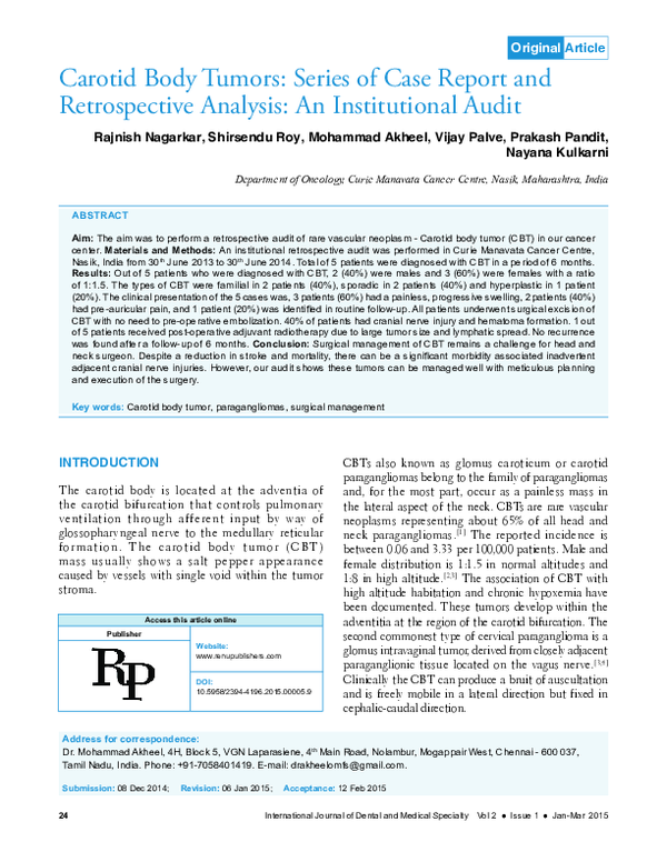 (PDF) Carotid Body Tumors: Series of Case Report and Retrospective Analysis: An Institutional Audit