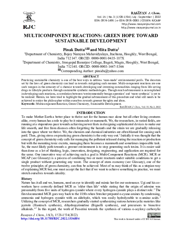 (PDF) Multicomponent Reactions: Green Hope Toward Sustainable Development