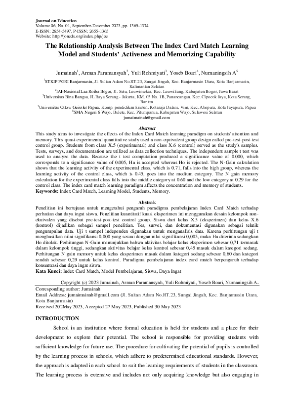 (PDF) The Relationship Analysis Between The Index Card Match Learning Model and Students ...