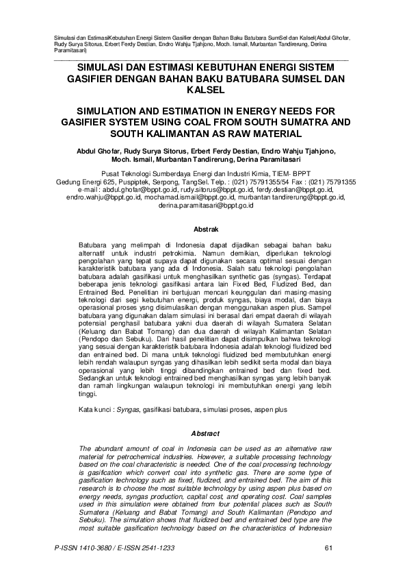 (PDF) Simulasi Dan Estimasi Kebutuhan Energi Sistem Gasifier Dengan ...