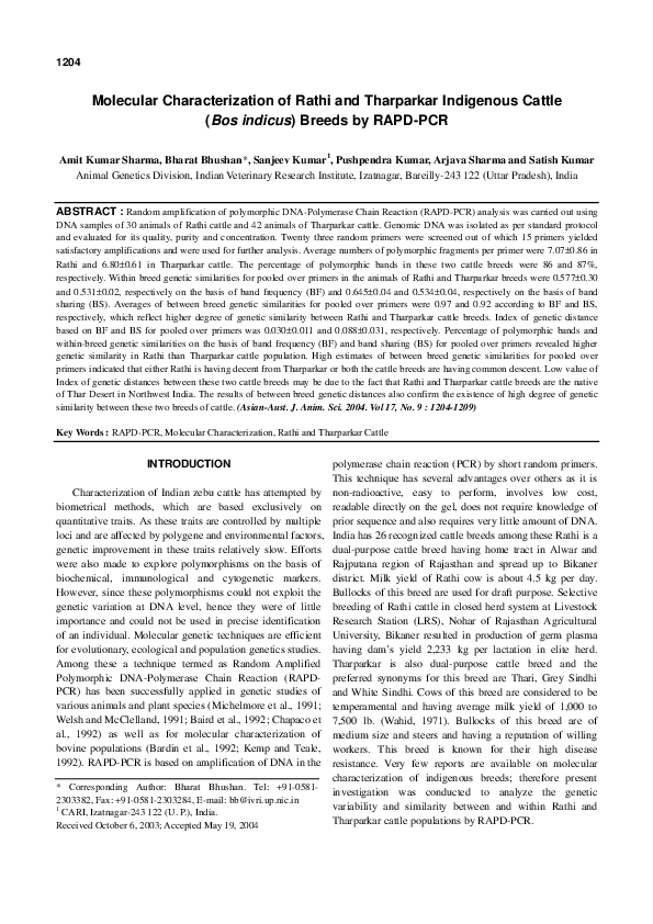 (PDF) Molecular Characterization of Rathi and Tharparkar Indigenous Cattle (Bos indicus) Breeds ...