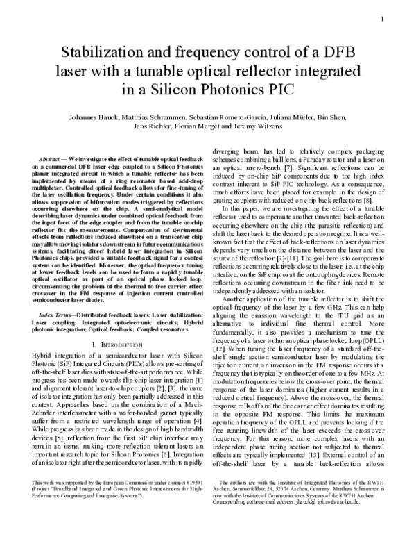 (PDF) Stabilization and frequency control of a DFB laser with a tunable optical reflector ...
