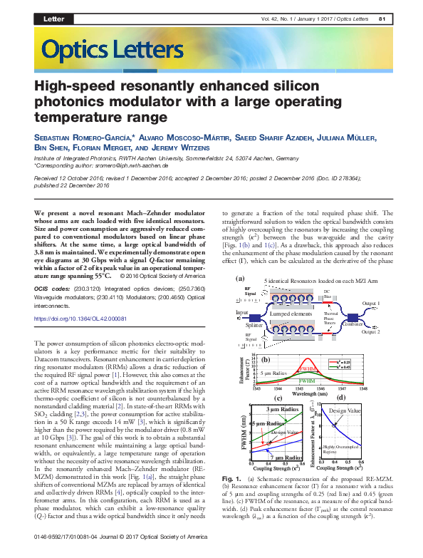 (PDF) High-speed resonantly enhanced silicon photonics modulator with a ...