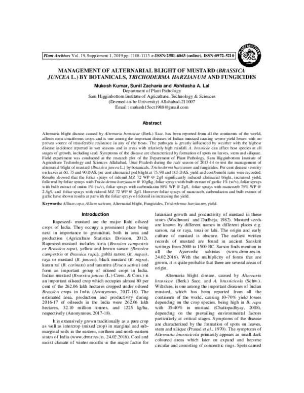 (PDF) Management of Alternarial Blight of Mustard (Brassica Juncea L.) by Botanicals ...