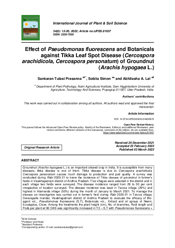 (PDF) Effect of Pseudomonas fluorescens and Botanicals against Tikka Leaf Spot Disease ...