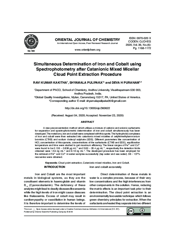 (PDF) Simultaneous Determination of Iron and Cobalt using Spectrophotometry after Catanionic ...
