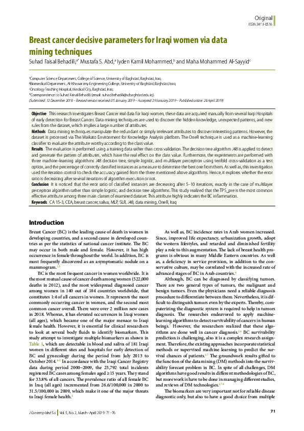 Pdf Breast Cancer Decisive Parameters For Iraqi Women Via Data Mining Techniques
