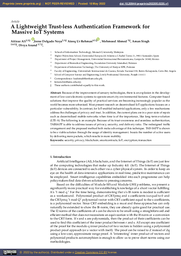 (PDF) A Lightweight Trust-less Authentication Framework for Massive IoT Systems