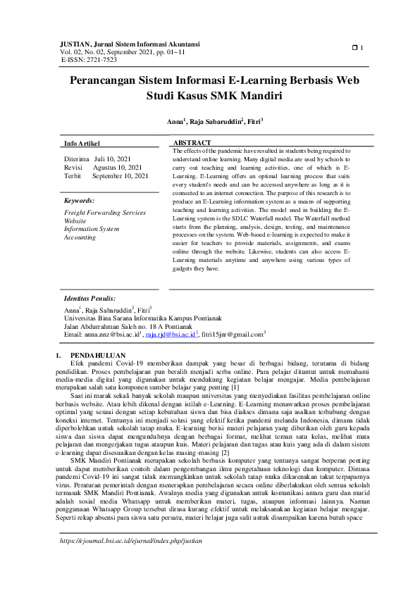 (PDF) Perancangan Sistem Informasi E-Learning Berbasis Web Studi Kasus SMK Mandiri