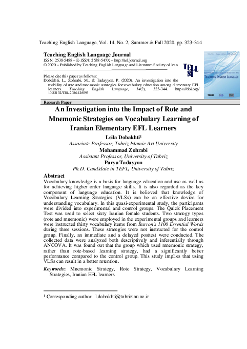 (PDF) An Investigation into the Impact of Rote and Mnemonic Strategies on Vocabulary Learning of ...