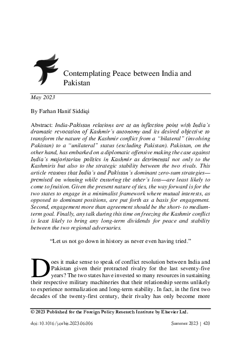 (PDF) Contemplating Peace between India and Pakistan
