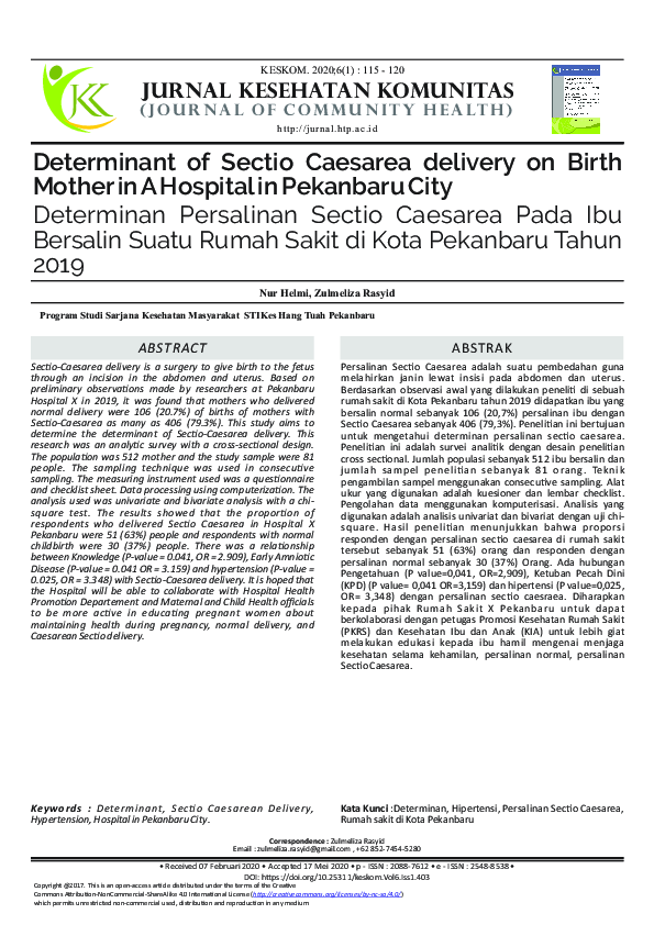 (PDF) Determinan Persalinan Sectio Caesarea Pada Ibu Bersalin Di Rumah Sakit X Pekanbaru Tahun ...