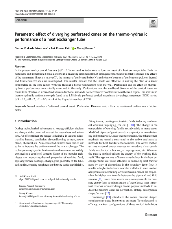 (PDF) Parametric effect of diverging perforated cones on the thermo ...