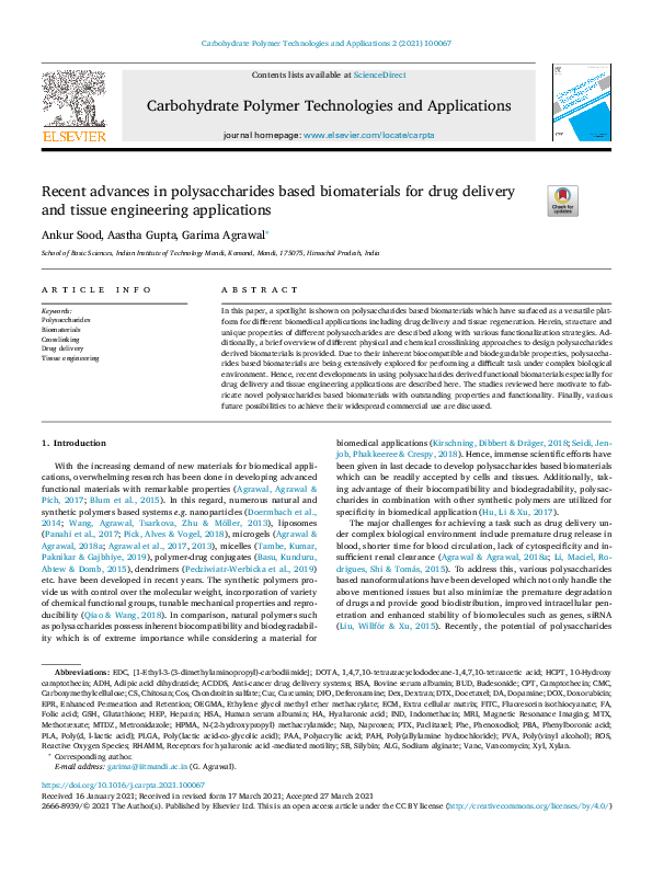 (PDF) Polysaccharide Biomaterials for Drug Delivery & Tissue Engineering