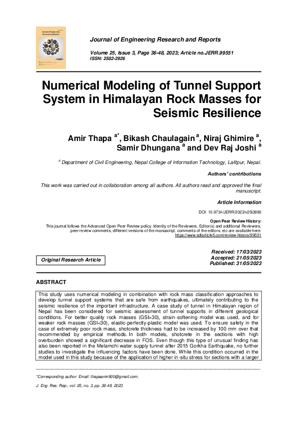 (PDF) Numerical Modeling of Tunnel Support System in Himalayan Rock Masses for Seismic Resilience