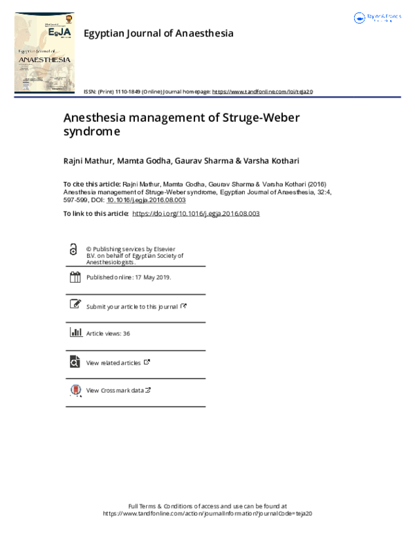 (PDF) Anesthesia management of Struge-Weber syndrome