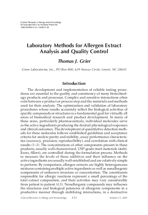(PDF) Laboratory Methods for Allergen Extract Analysis and Quality Control