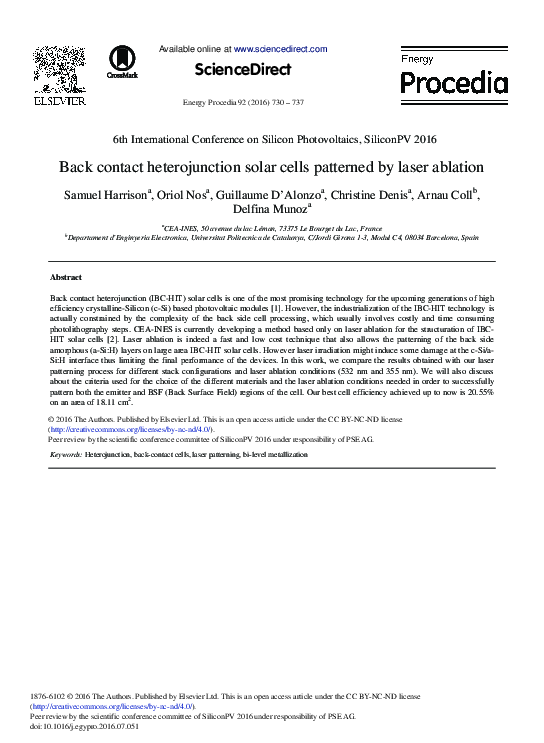 (PDF) Back Contact Heterojunction Solar Cells Patterned by Laser Ablation