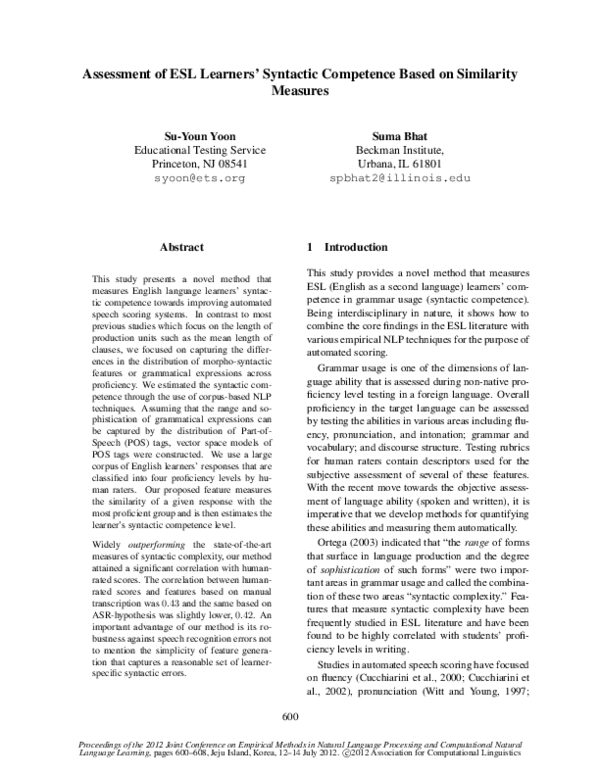 (PDF) Assessment of ESL learners' syntactic competence based on similarity measures