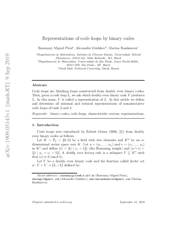 (PDF) Representations of code loops by binary codes