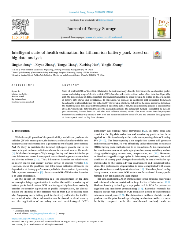 Pdf Intelligent State Of Health Estimation For Lithium Ion Battery