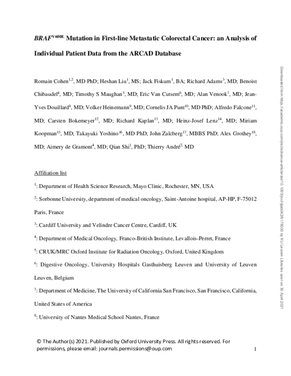 (PDF) BRAFV600E Mutation in First-Line Metastatic Colorectal Cancer: An Analysis of Individual ...