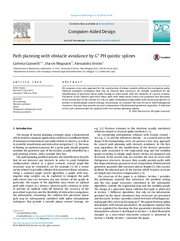 (PDF) Path planning with obstacle avoidance by G1 PH quintic splines