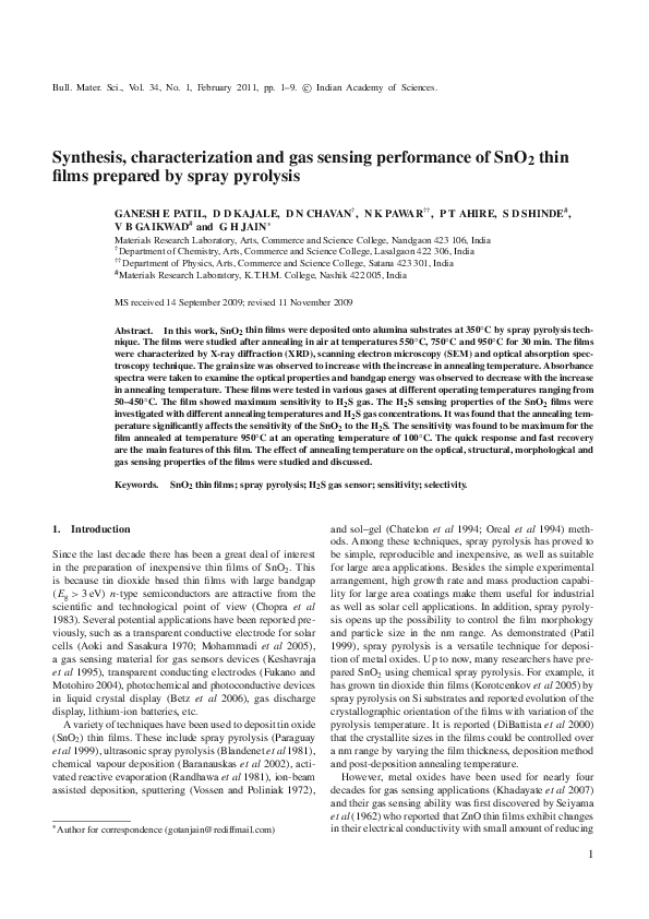 (PDF) SnO2 Thin Films: Synthesis and H2S Sensing