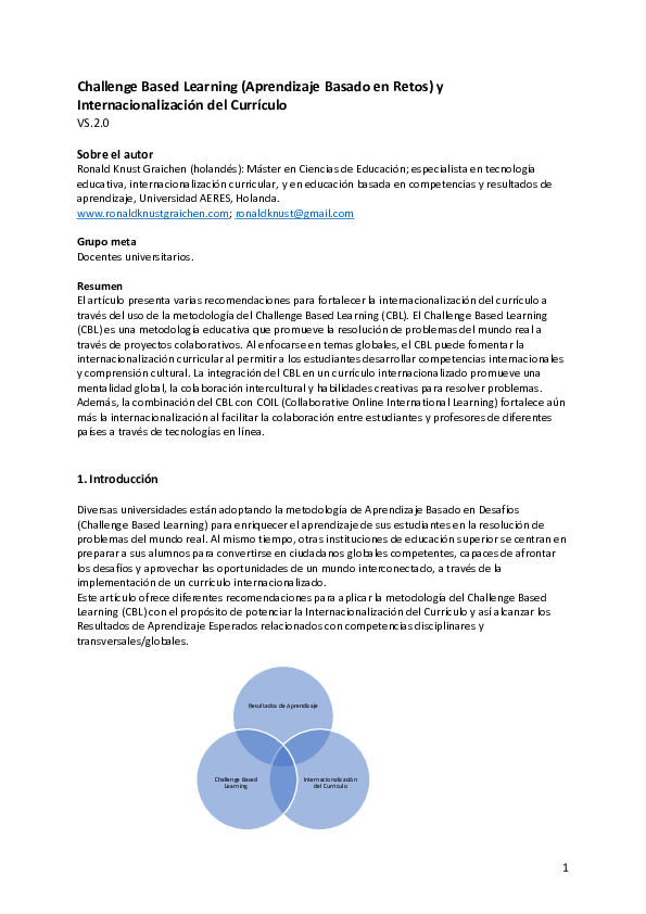 (PDF) Challenge Based Learning (Aprendizaje Basado en Retos) y Internacionalización del Currículo