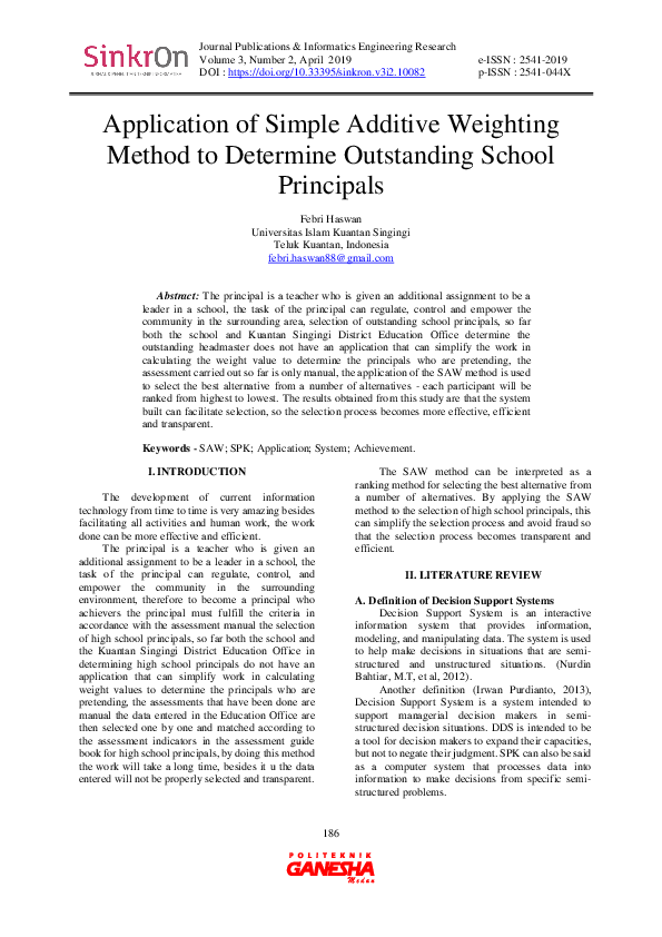 (PDF) Application of Simple Additive Weighting Method to Determine Outstanding School Principals ...