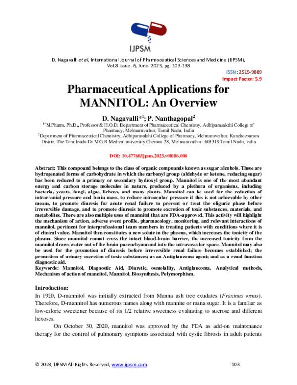 (PDF) Pharmaceutical Applications for MANNITOL: An Overview