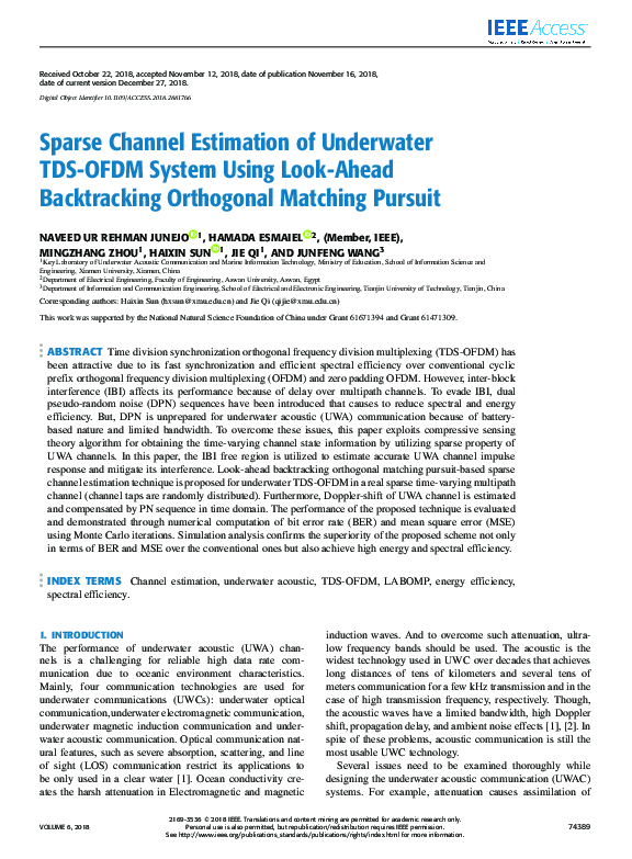 (PDF) Sparse Channel Estimation of Underwater TDS-OFDM System Using Look-Ahead Backtracking ...