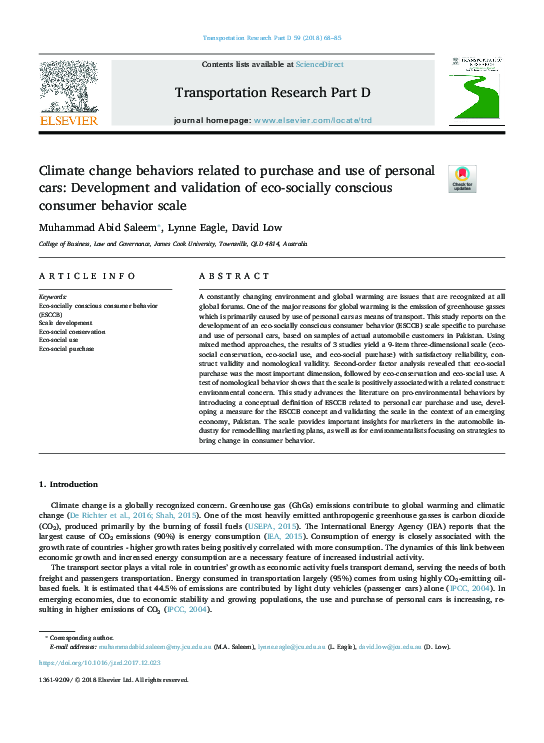 (PDF) Climate change behaviors related to purchase and use of personal cars: Development and ...