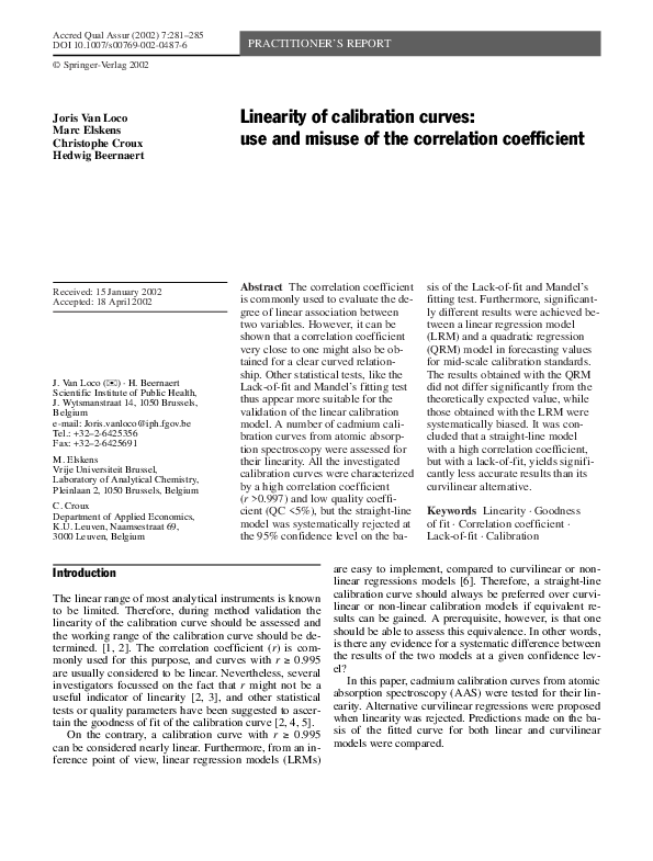 (PDF) Linearity of calibration curves: use and misuse of the correlation coefficient