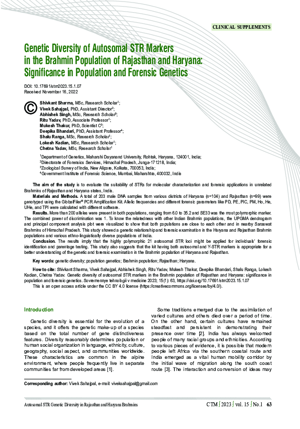 (PDF) Genetic Diversity of Autosomal STR Markers in the Brahmin ...