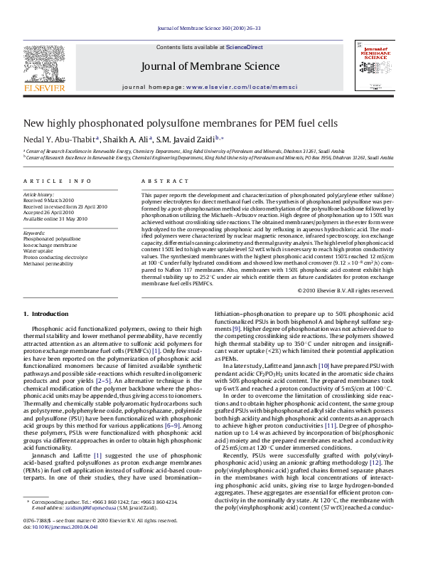 (PDF) New highly phosphonated polysulfone membranes for PEM fuel cells | Shaikh Saqib Ali ...
