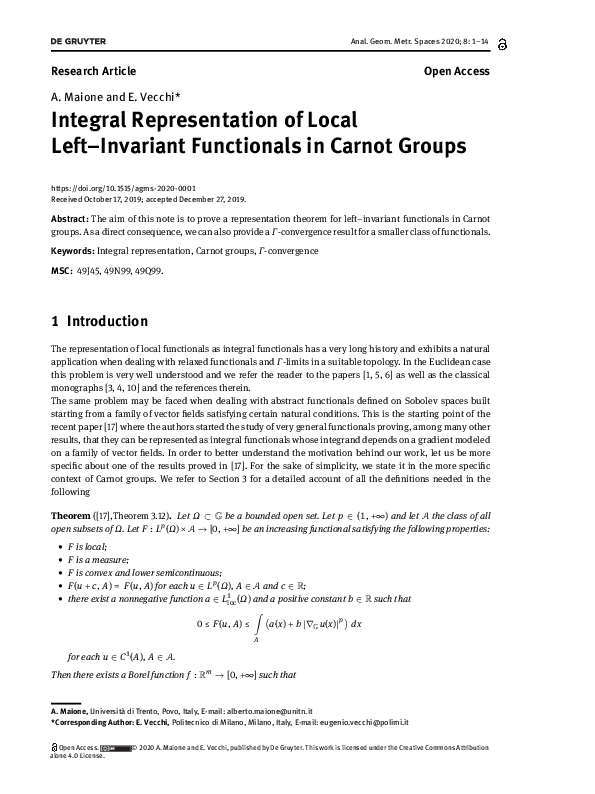 (PDF) Integral Representation of Local Left–Invariant Functionals in Carnot Groups