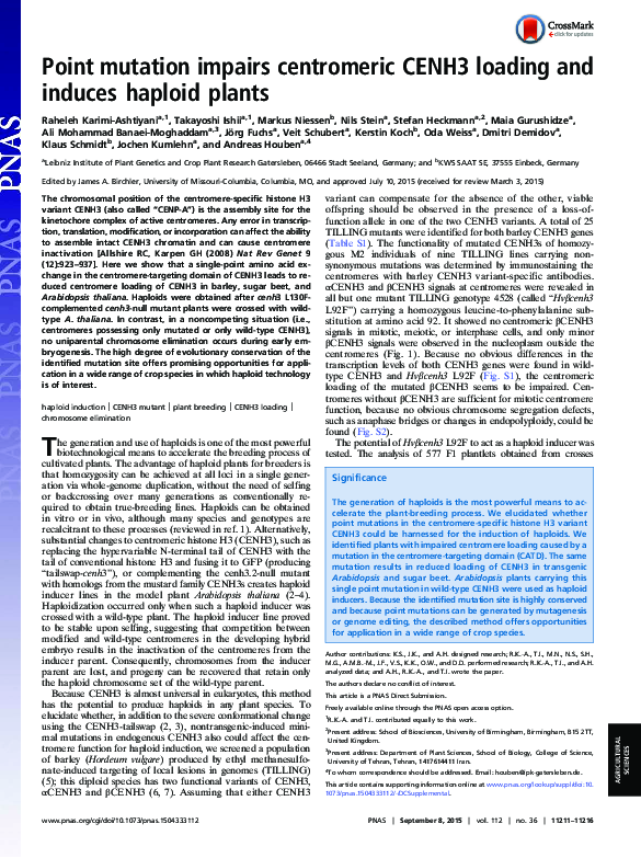 (PDF) Point mutation impairs centromeric CENH3 loading and induces ...