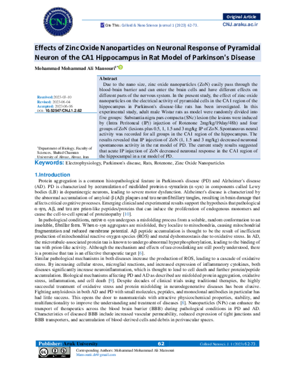 (PDF) Effects of Zinc Oxide Nanoparticles on Neuronal Response of ...